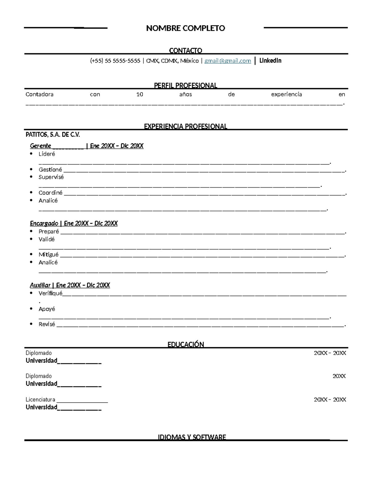 Curriculum - Formato en blanco de CV - NOMBRE COMPLETO CONTACTO (+55 ...