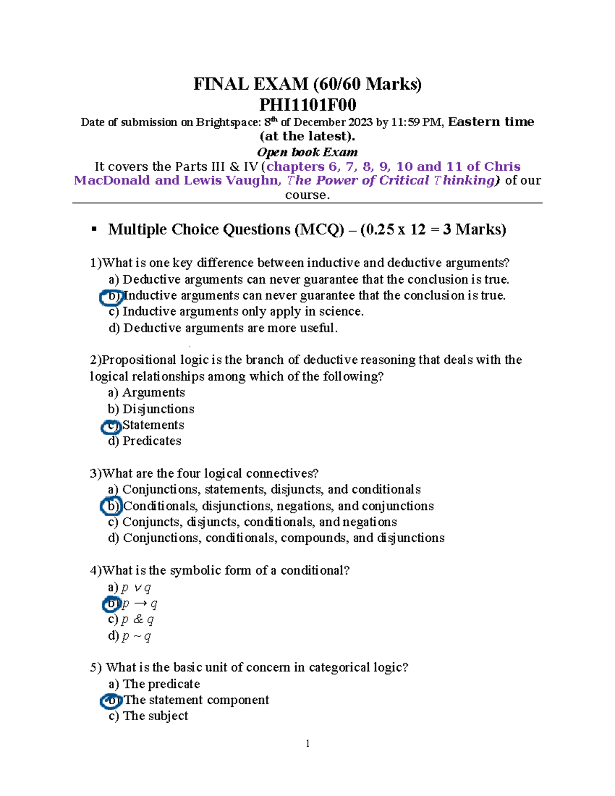 PHI1101 F00 Final Exam Study Guide: Key Questions and Concepts - Studocu