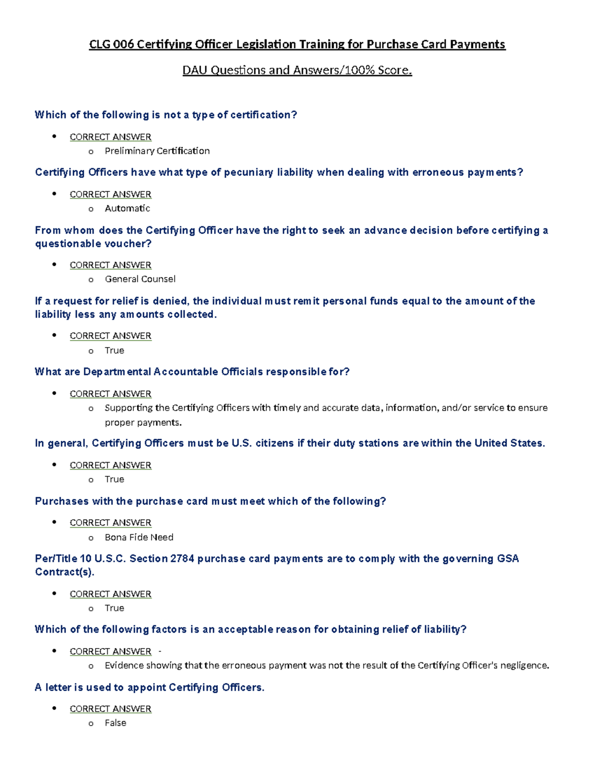 CLG 006 Certifying Officer Legislation Training Q&A for Purchase Card ...