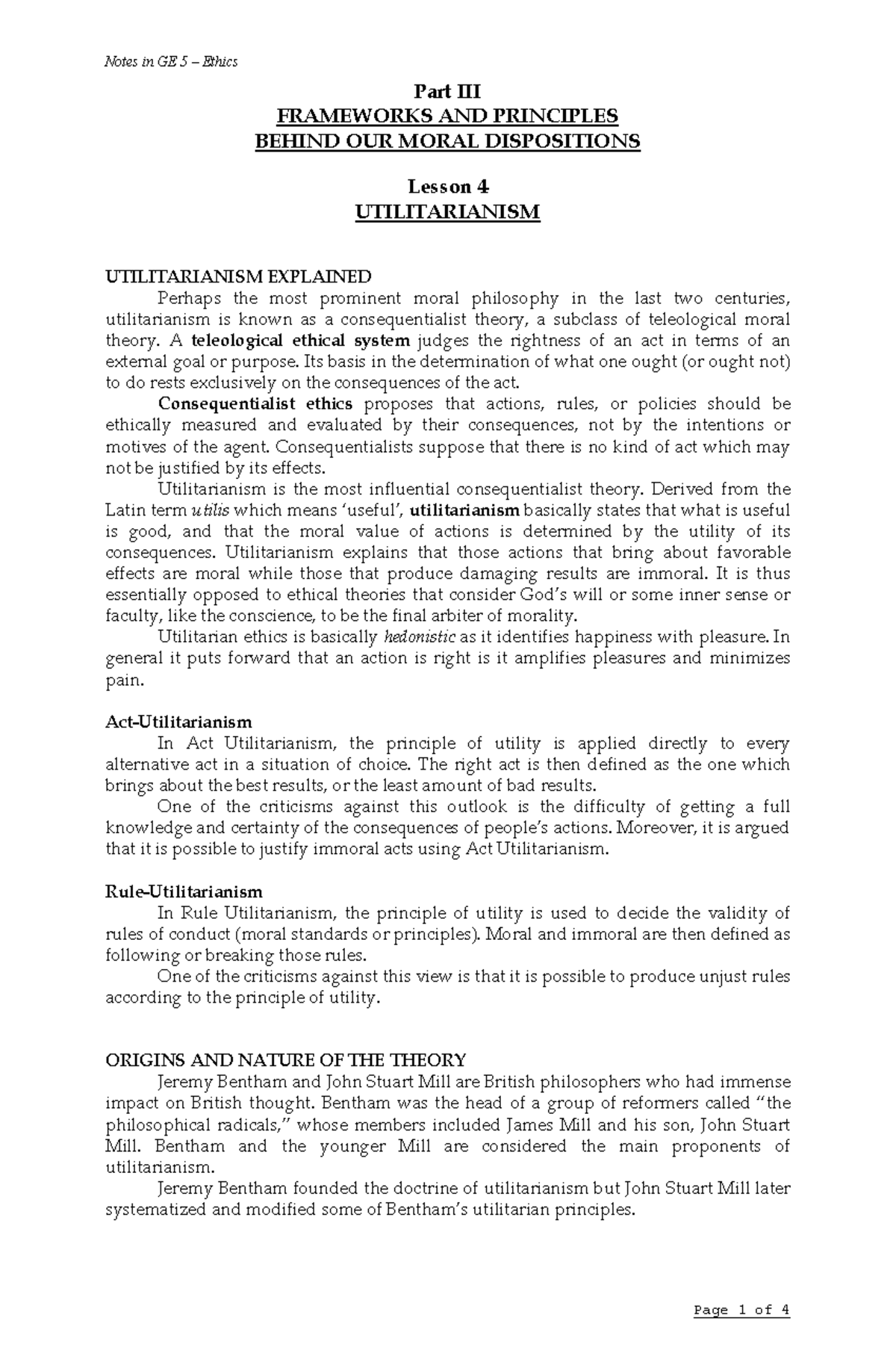 GE 5 Ethics Lesson 4: Understanding Utilitarianism Principles - Studocu