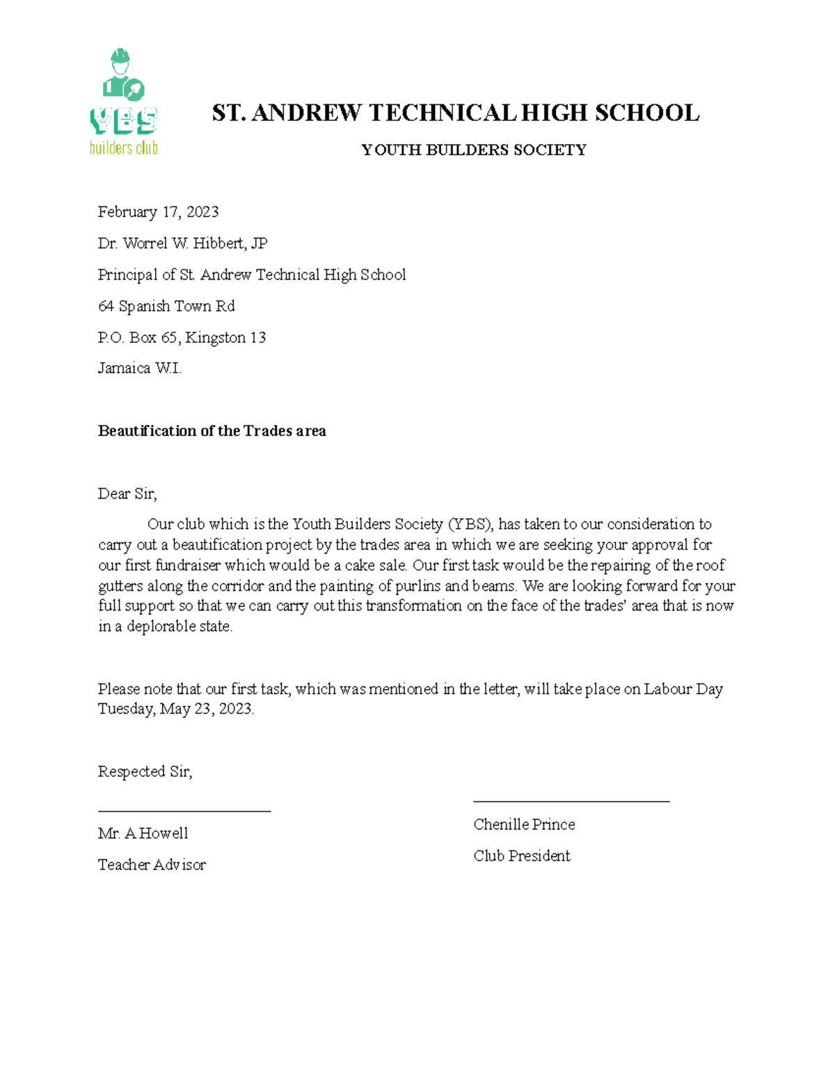 Letter to the principal - ST. ANDREW TECHNICAL HIGH SCHOOL YOUTH ...