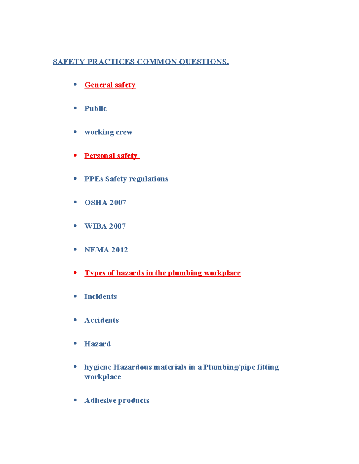 SAFETY PRACTICES IN PLUMBING: COMMON QUESTIONS & ANSWERS (SAF 120 ...