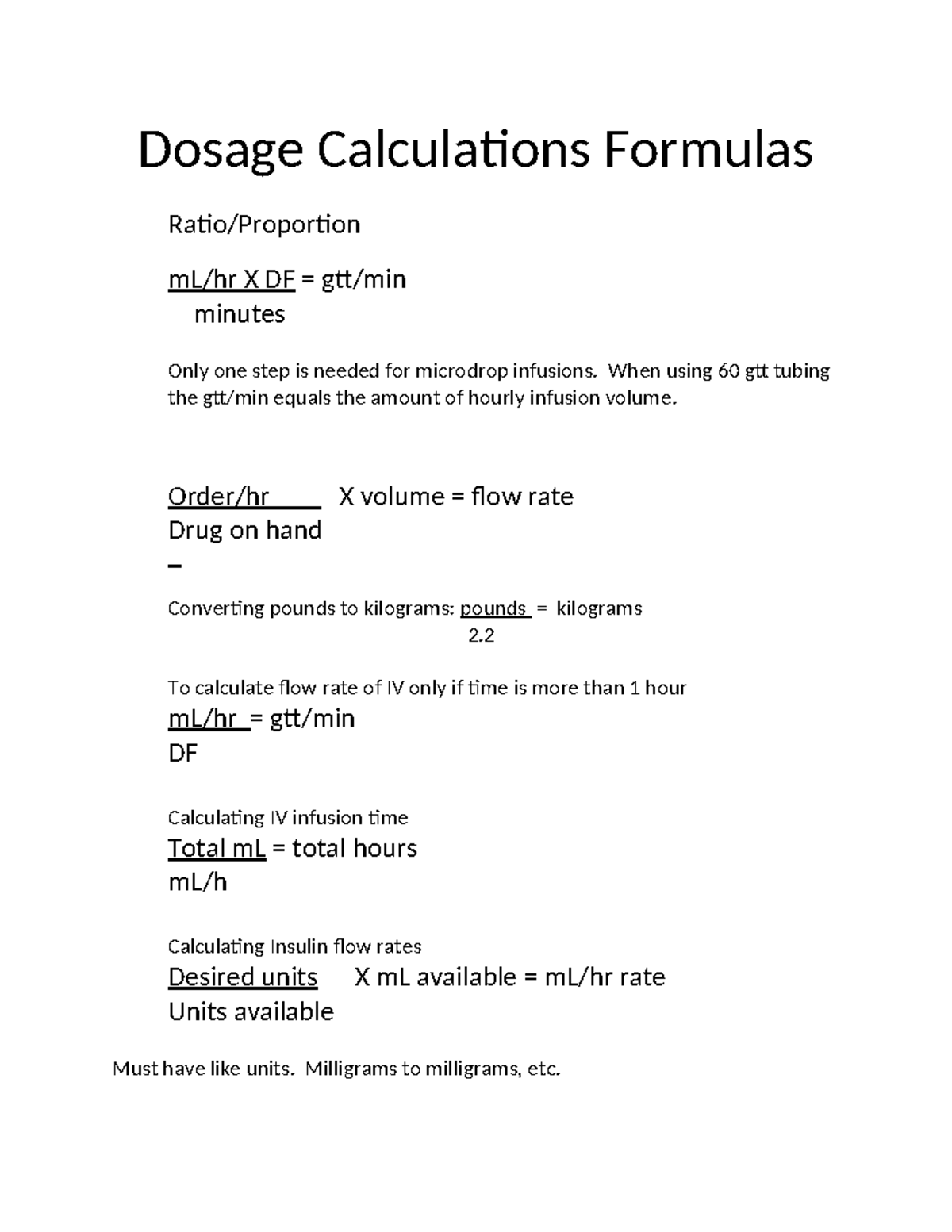 Dosage Calculations Formulas-3-1 - Dosage Calculations Formulas Ratio ...