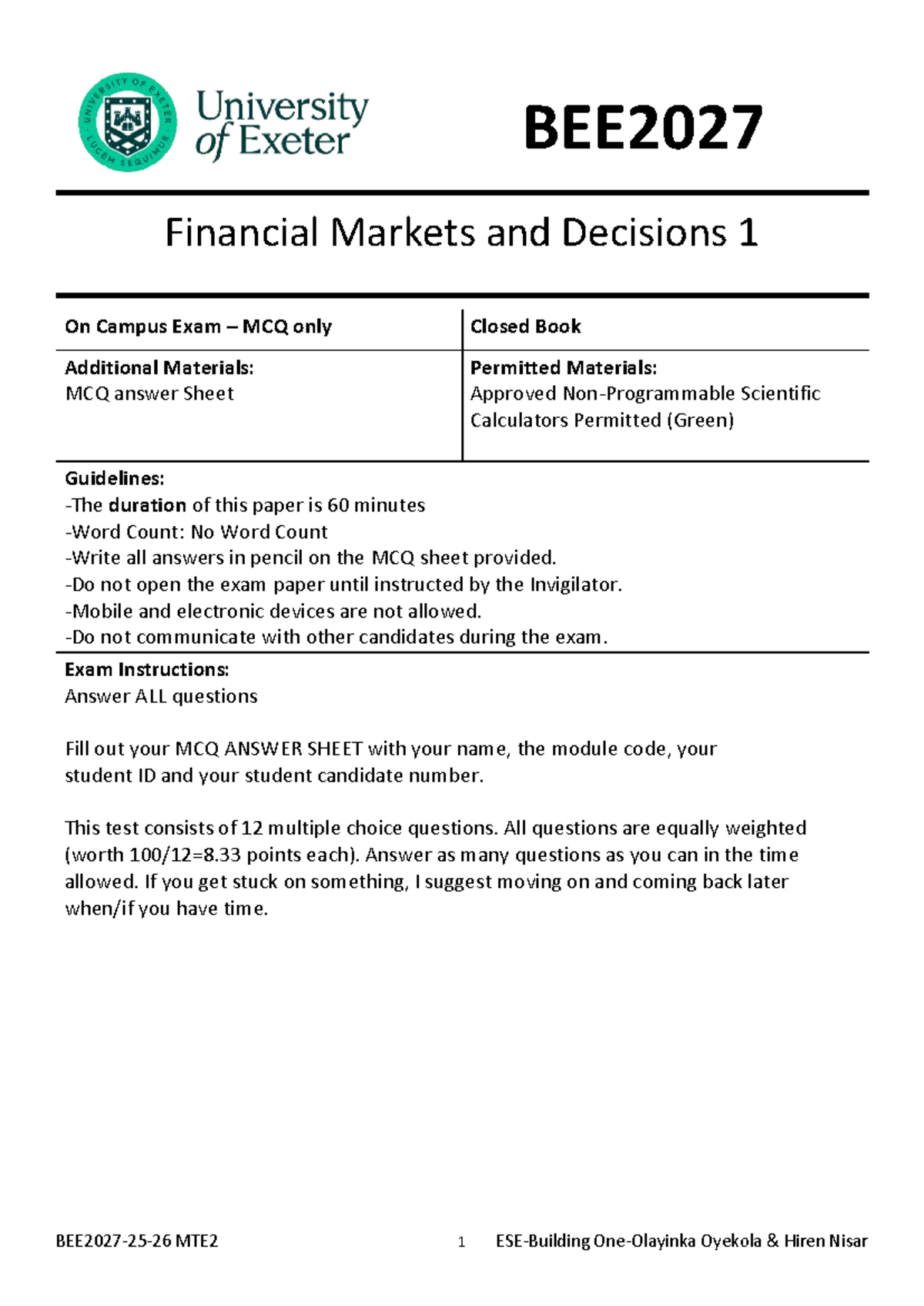 BEE2027 Financial Markets and Decisions 1 On-Campus Exam MCQ Guide ...