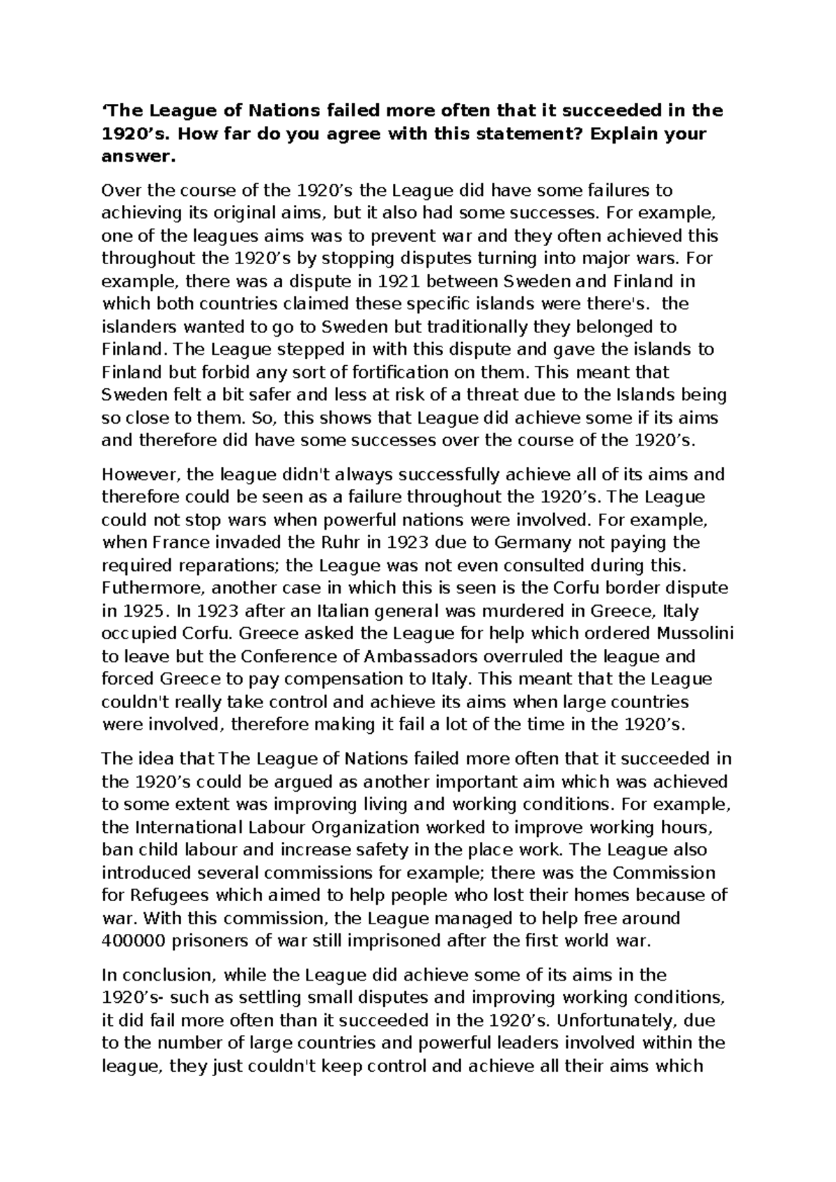 History HW - Past Paper Essay: League of Nations' Successes & Failures ...