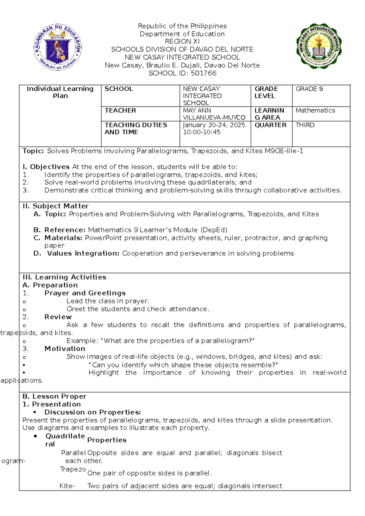Math 9 Week 4 Q3 - Detailed Lesson Plan on Quadrilaterals & Problem ...