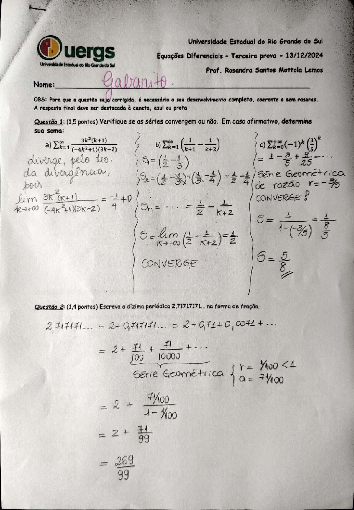 P3 Eqs Diferenciais - Terceira Prova - UERGS - Studocu