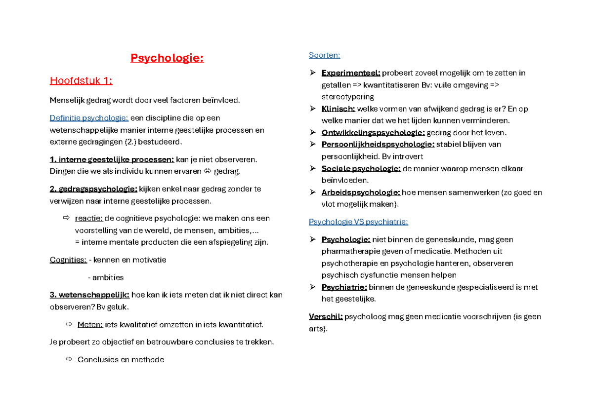 Psychologie: Les 1 - Menselijk Gedrag en Invloedrijke Factoren - Studocu