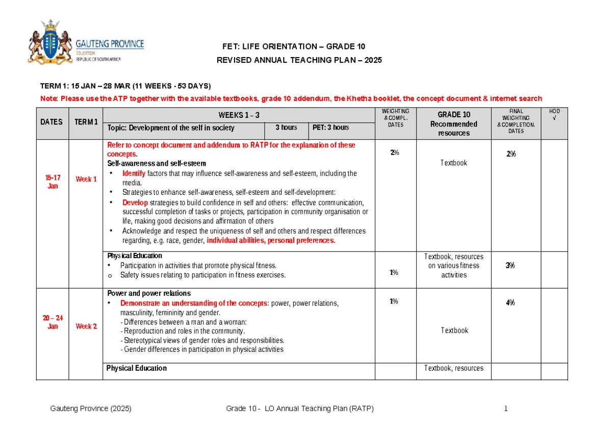 Grade 11 LO Recovery ATP - Annual Teaching Plan 2025 - Studocu