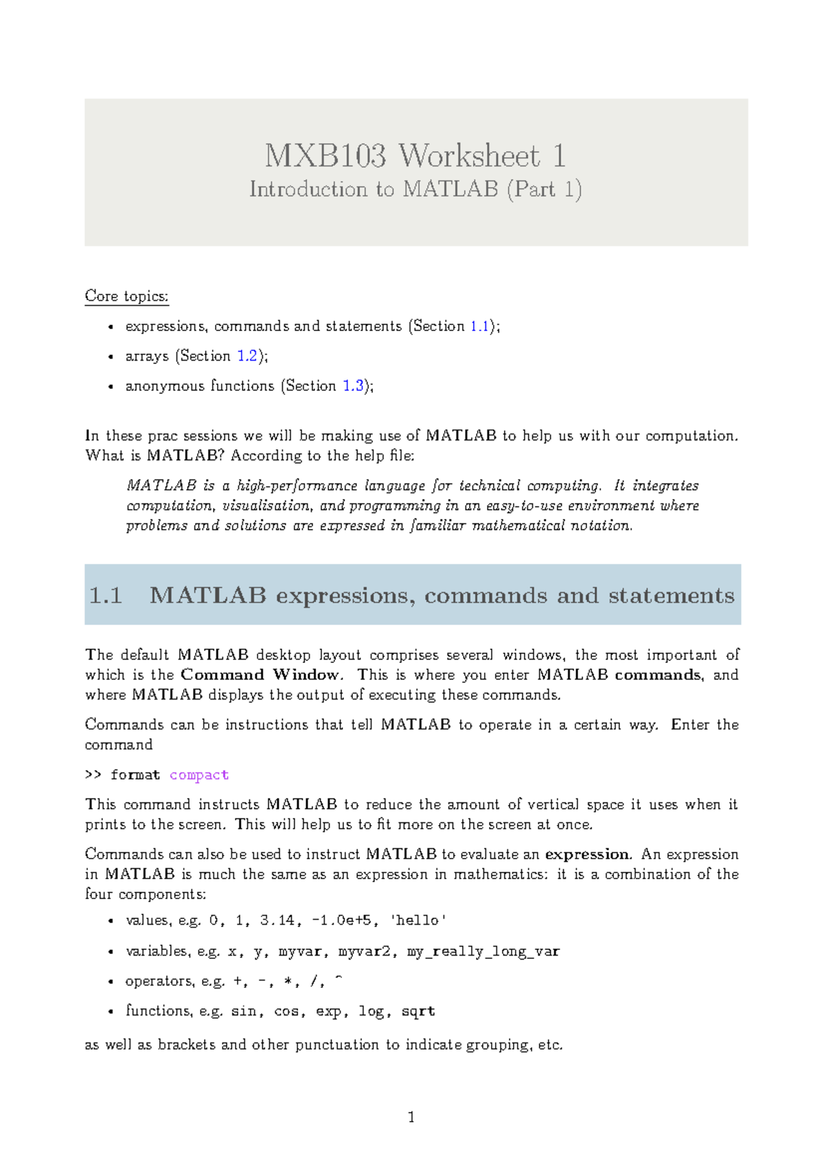 MXB103 Worksheet 1: Intro to MATLAB - Expressions & Commands - Studocu