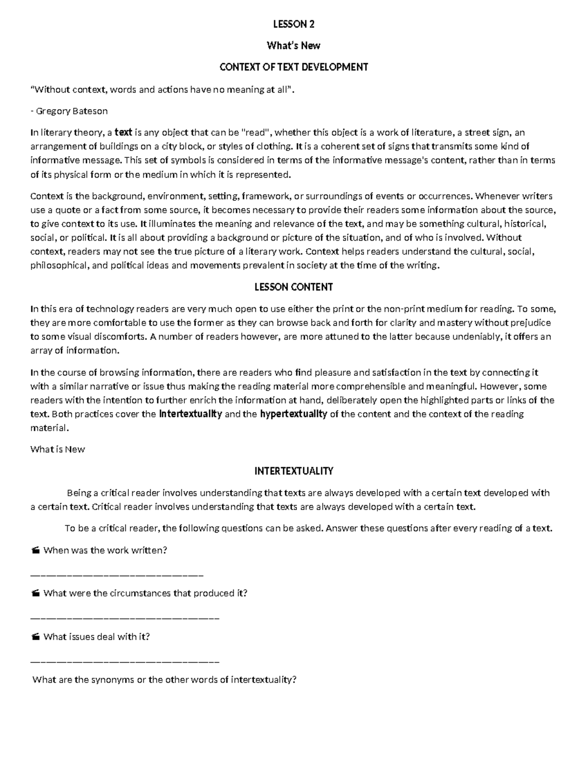 Lesson 2 M3 - LESSON 2 What’s New CONTEXT OF TEXT DEVELOPMENT “Without ...