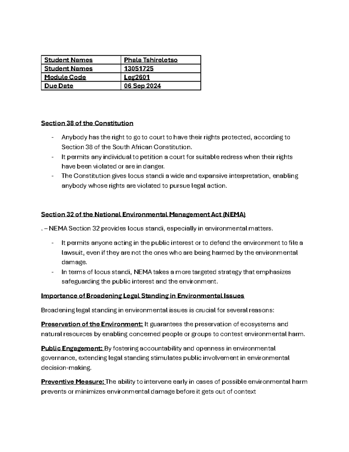 LEG2601 Memorandum: Legal Standing in Environmental Law - Studocu