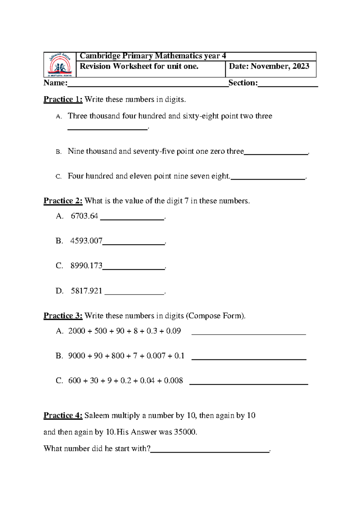 Cambridge Primary Mathematics Year 4 Revision Worksheets - Studocu