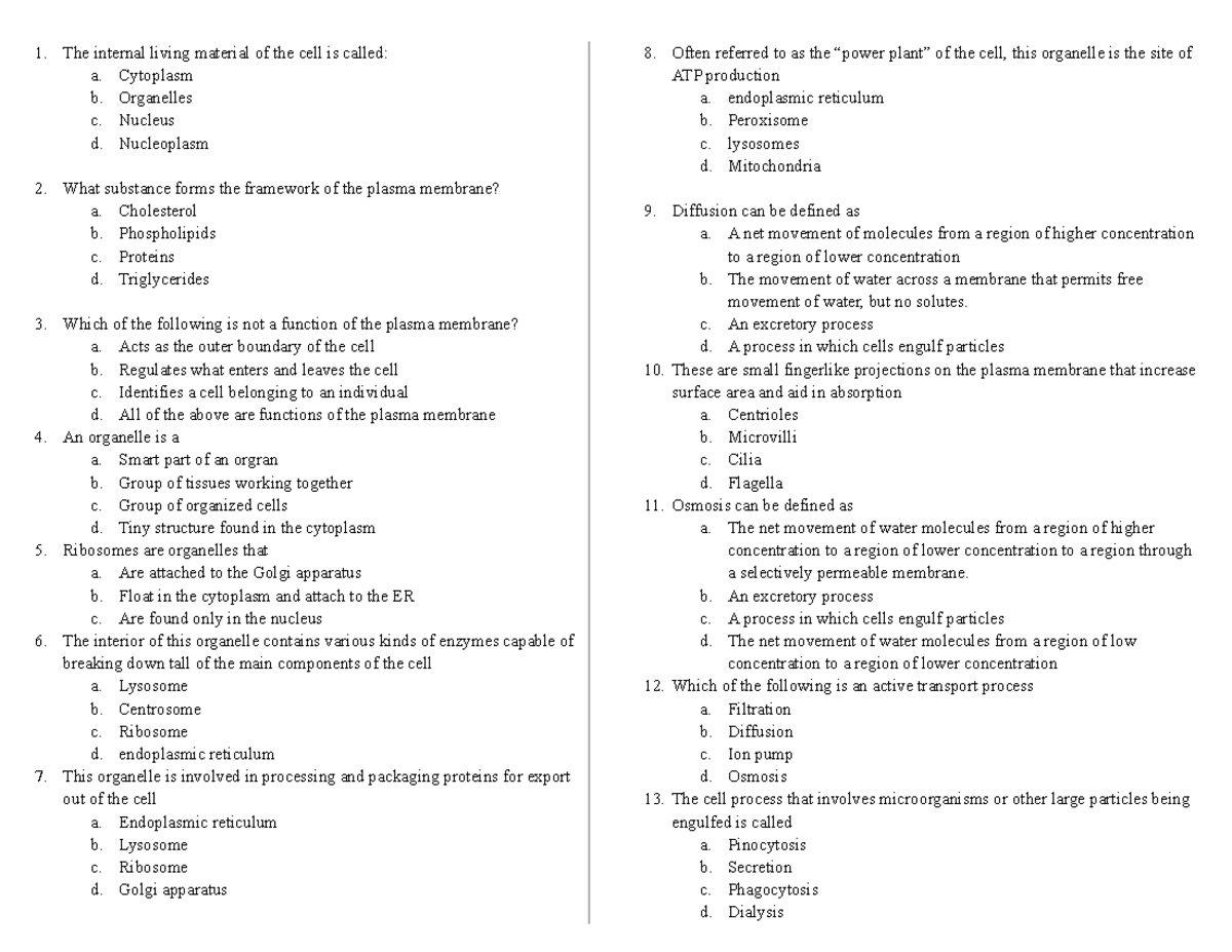 Midterm Practice - The internal living material of the cell is called ...