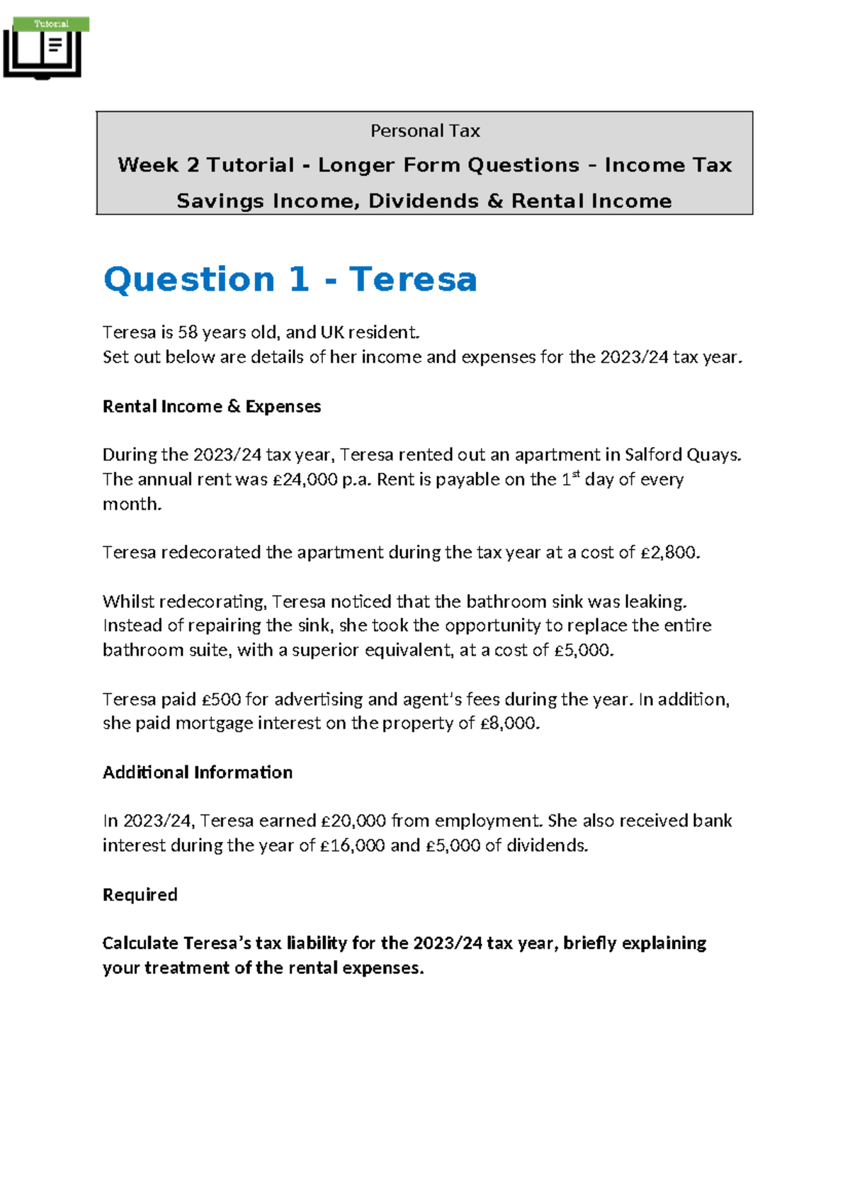 Personal Tax - Week 2 Tutorial: Income Tax & MCQ Questions 2023/24 ...