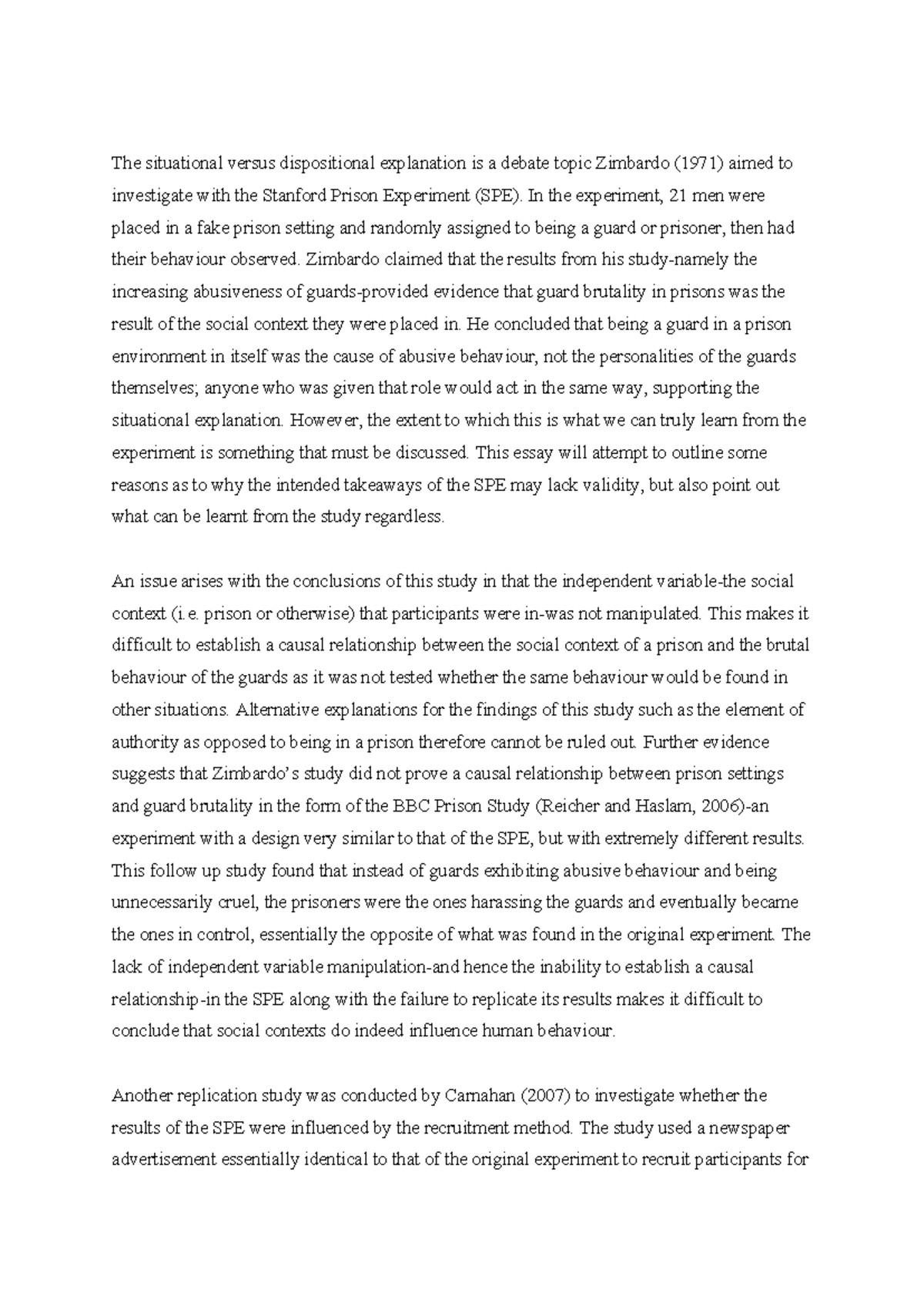 SPE Essay Revision: Validity of Zimbardo's Prison Experiment Findings ...