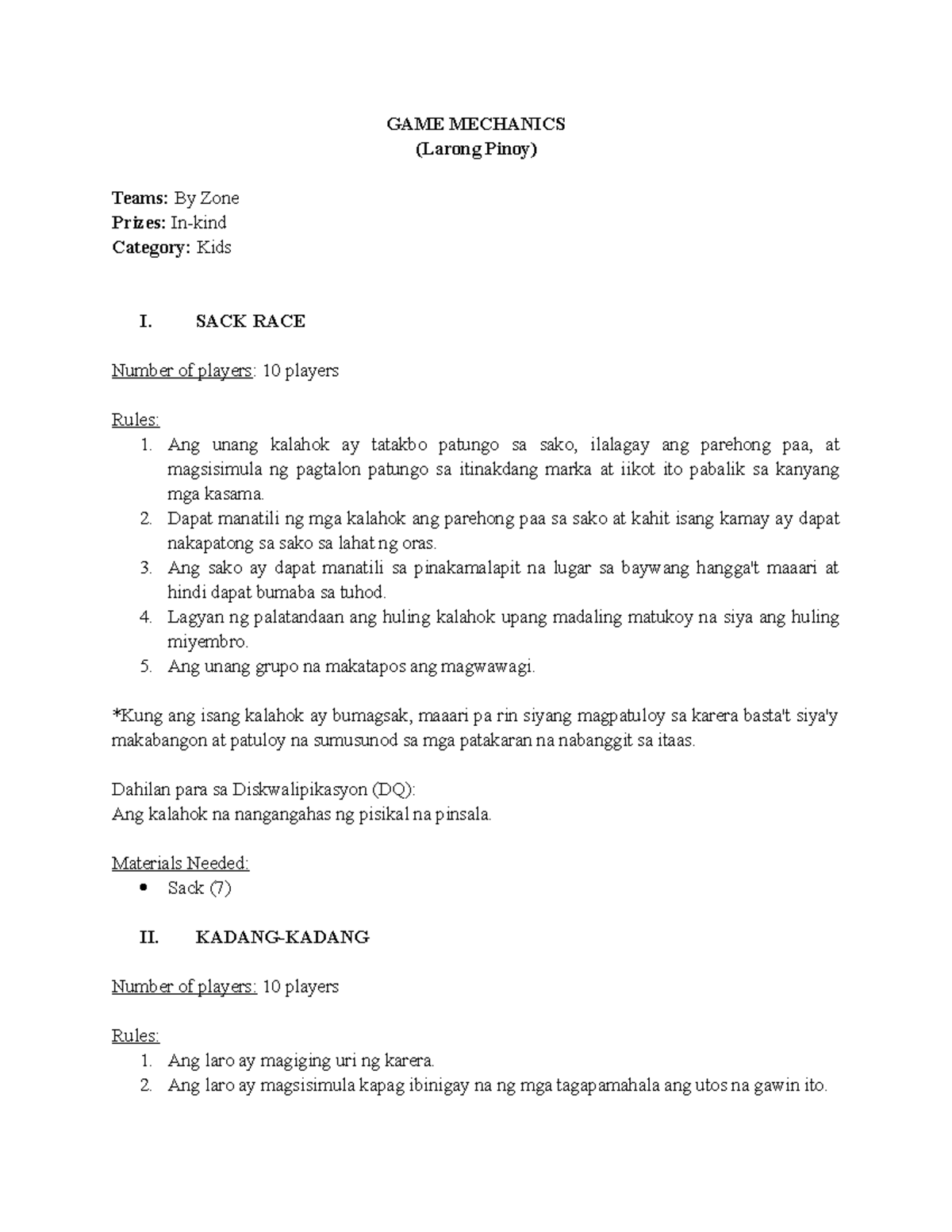 Larong Pinoy: Game Mechanics for Kids and Adults Activities - Studocu