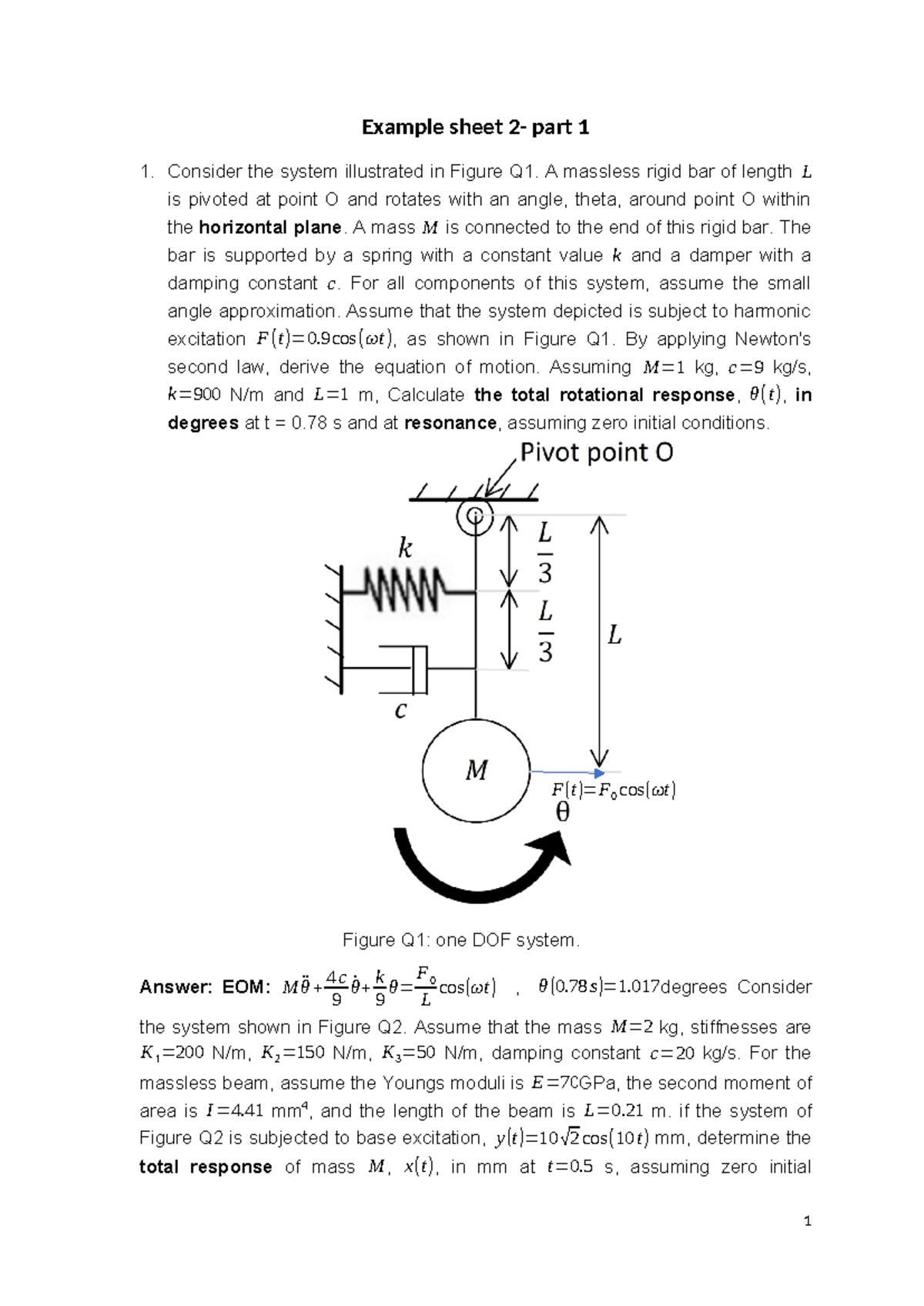 Dynamic Analysis of a Mass-Spring-Damper System - Example Sheet 2 - Studocu