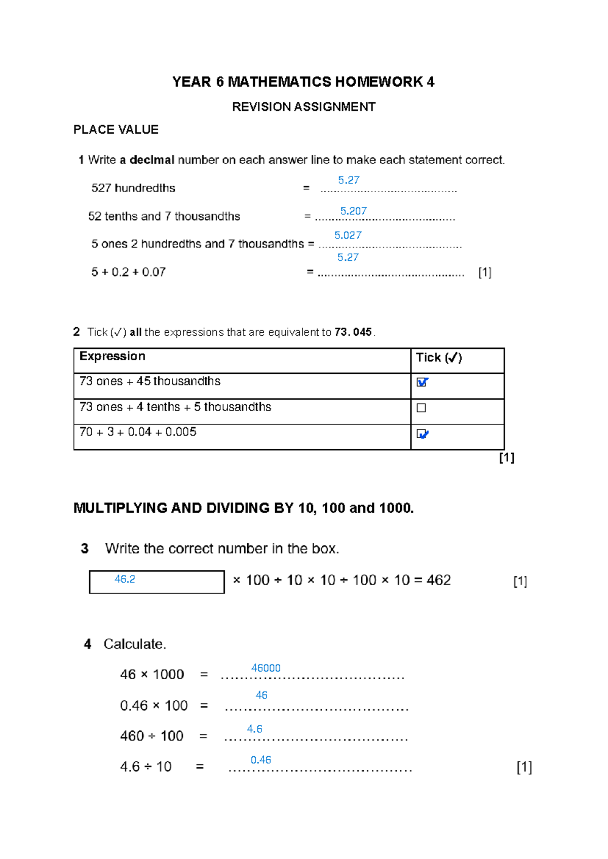 YEAR 6 MATHEMATICS HOMEWORK 4: PLACE VALUE & OPERATIONS REVISION - Studocu