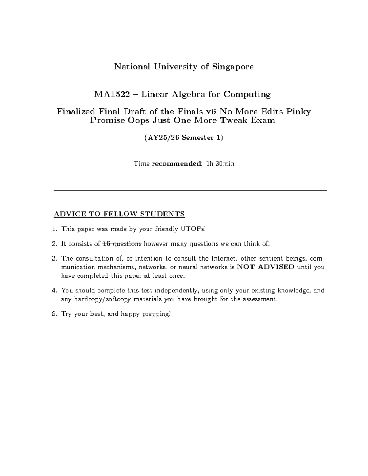 MA1522 Linear Algebra for Computing Final Exam Prep: UTOP Practice ...