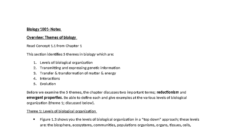Biology 1001: Overview of Key Themes and Concepts in Biology - Studocu