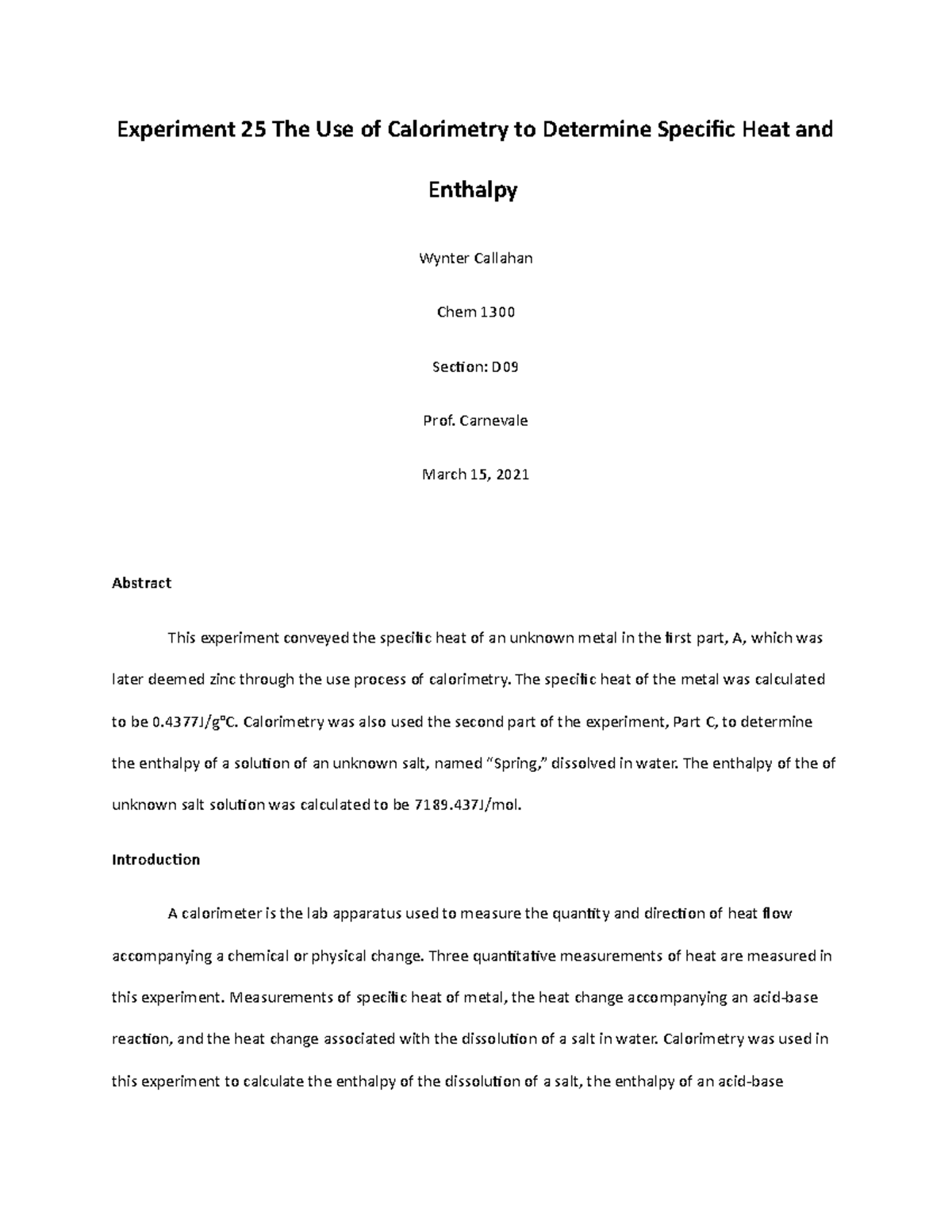 CHEM 1310 Calorimetry Lab: Specific Heat & Enthalpy Determination - Studocu