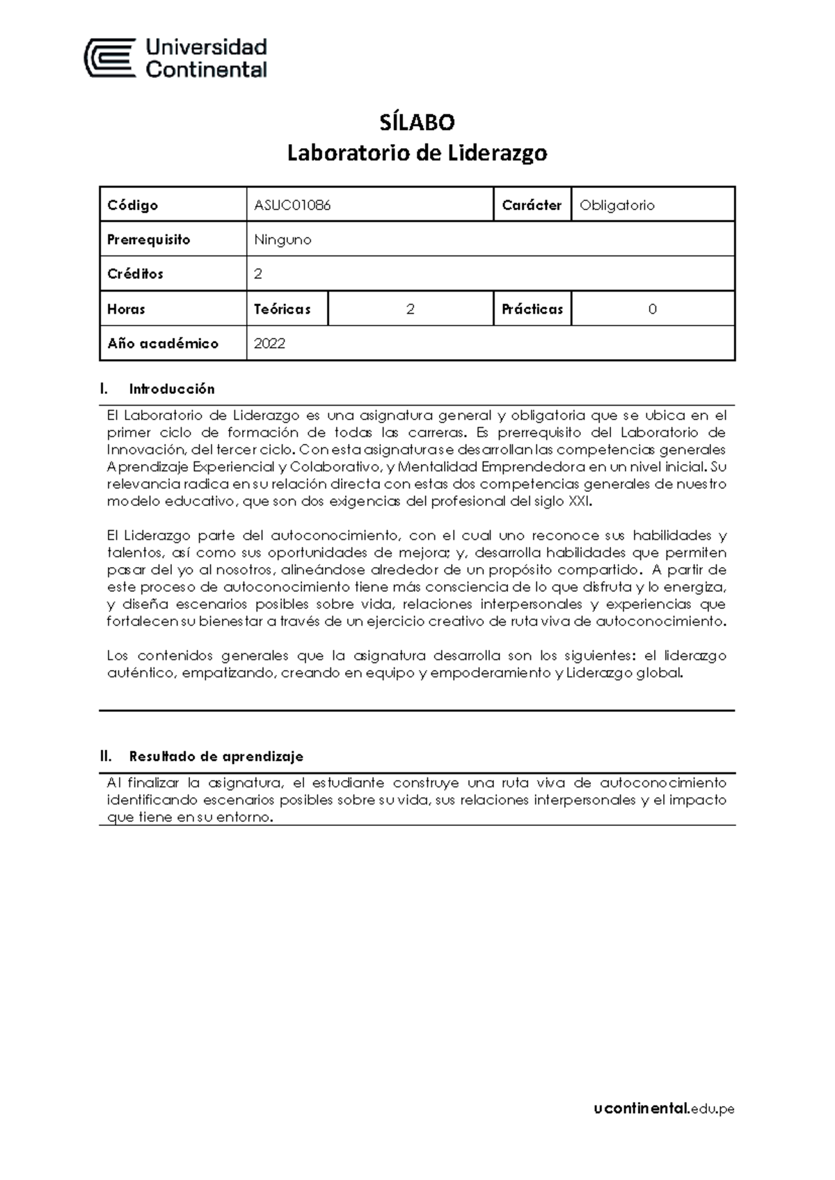 Sílabo Laboratorio de Liderazgo ASUC01086 - Año Académico 2022 - Studocu