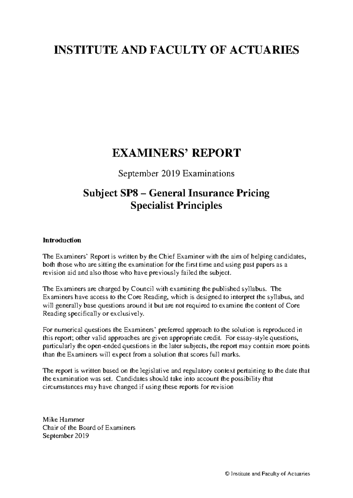 I&F SP8 2019 Exam Report: General Insurance Pricing Principles - Studocu