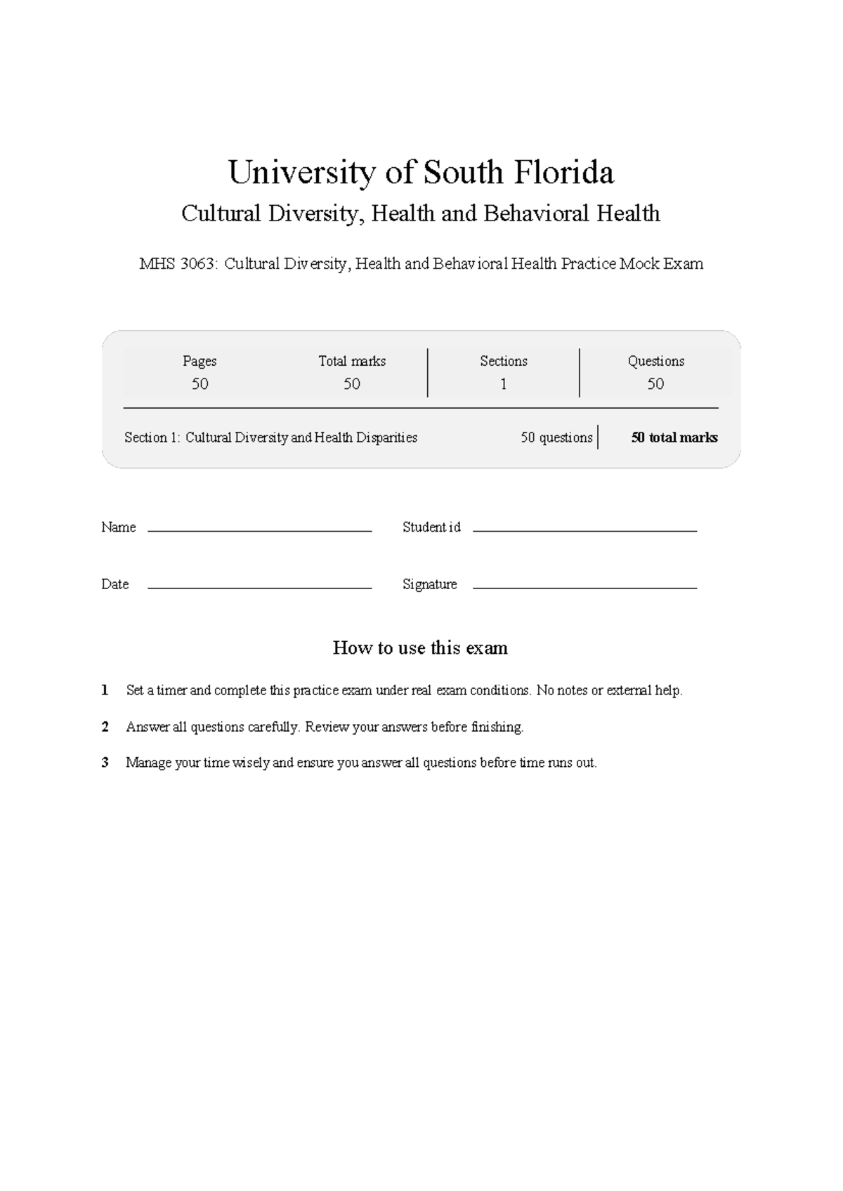 MHS 3063: Cultural Diversity, Health & Behavioral Health Practice Test ...