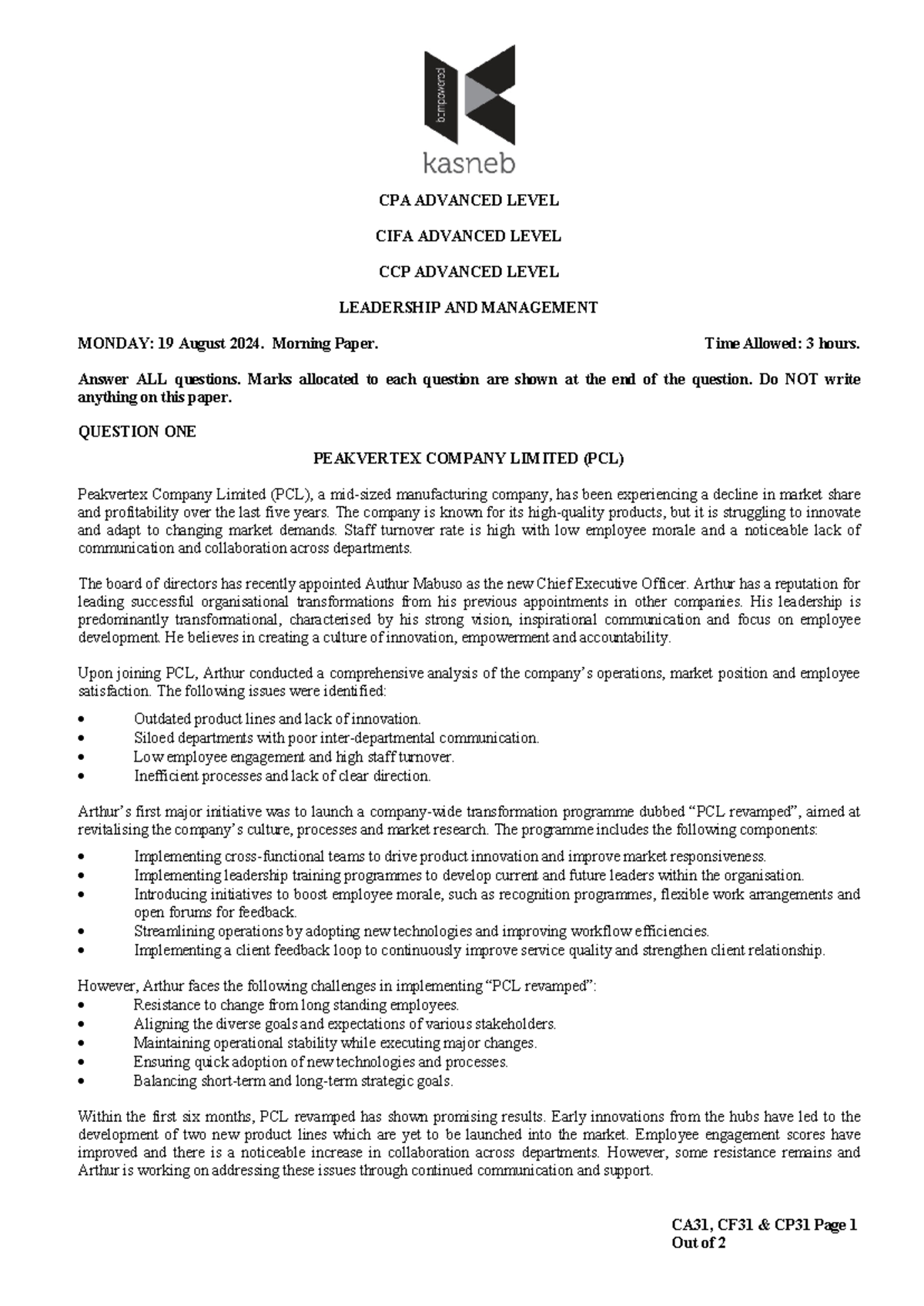 CA31 Leadership and Management: PCL Transformation Case Study - Studocu