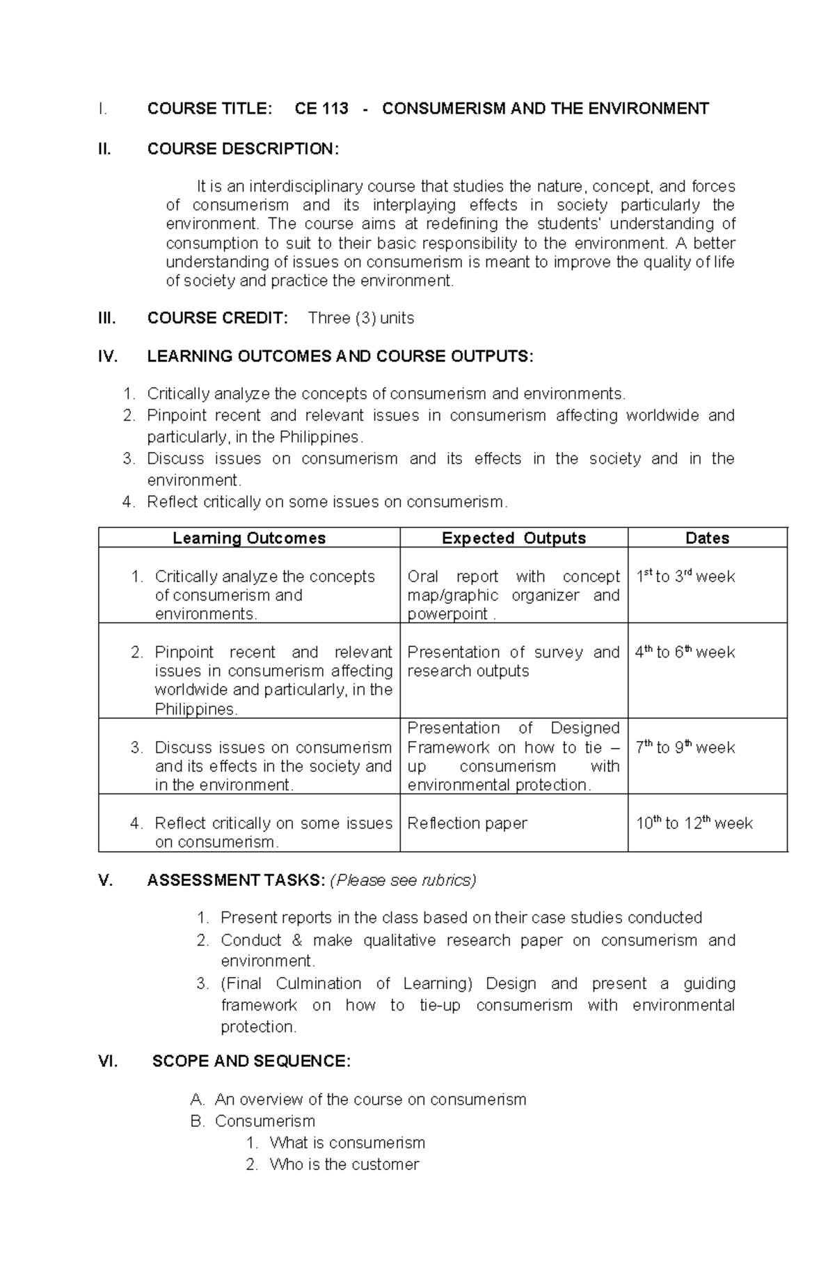 CE 113 Consumerism Syllabus - I. COURSE TITLE: CE 113 - CONSUMERISM AND ...