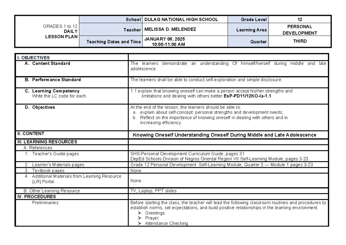 DLP: Personal Development Lesson Plan for Grade 12 - Jan 6, 2025 - Studocu