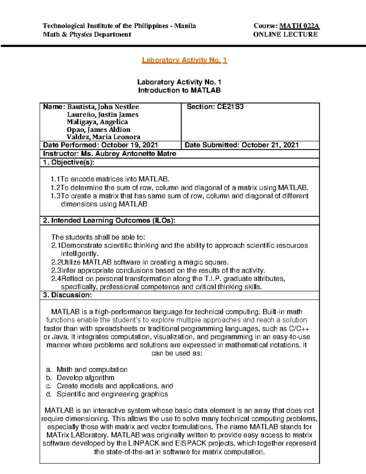 Activity 1: Intro to MATLAB (CE21S) - Lab Report & Exercises - Studocu