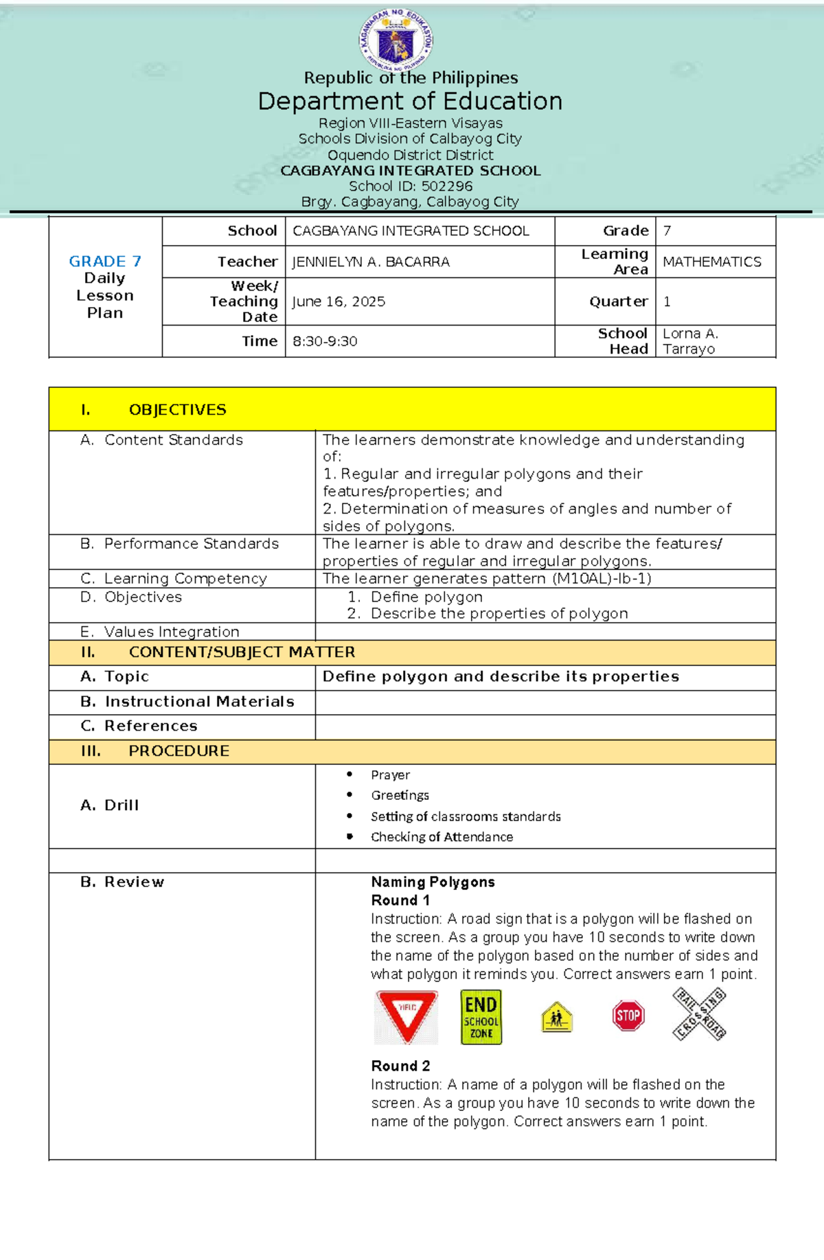 Grade 7 Math Lesson Plan: Understanding Polygons (Q1) - Studocu