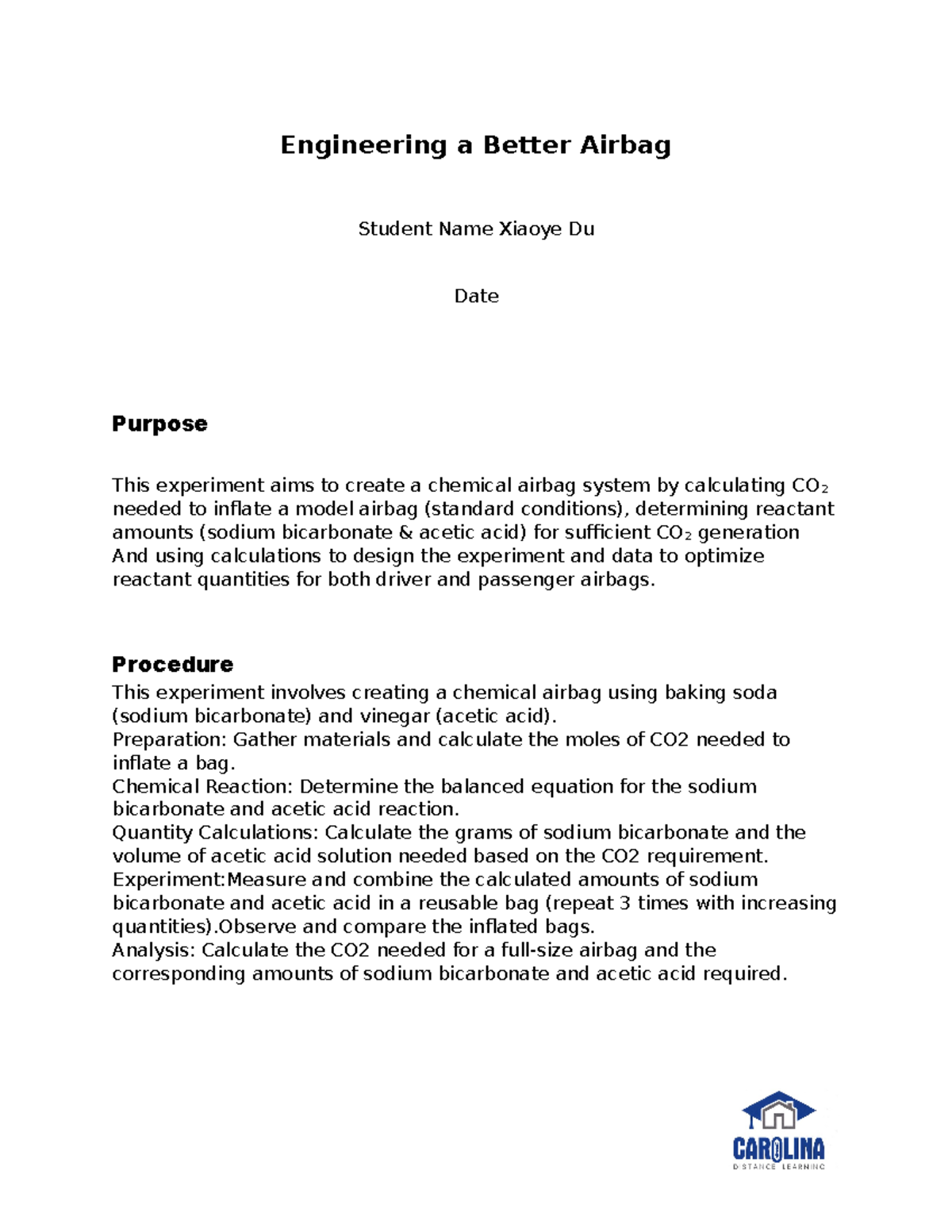 M6 Lab2 Engineering a Better Airbag - Engineering a Better Airbag Student Name Xiaoye Du Date ...