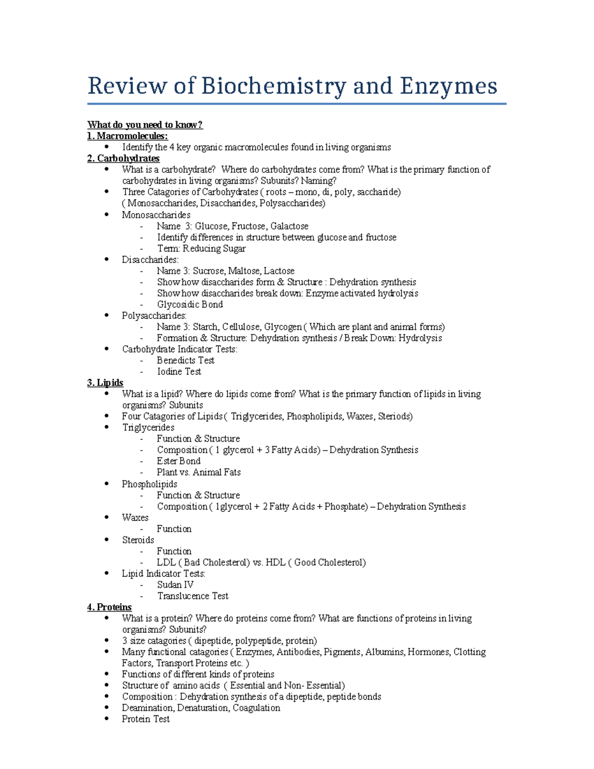 Biochemistry Review: Key Concepts on Enzymes and Macromolecules - Studocu