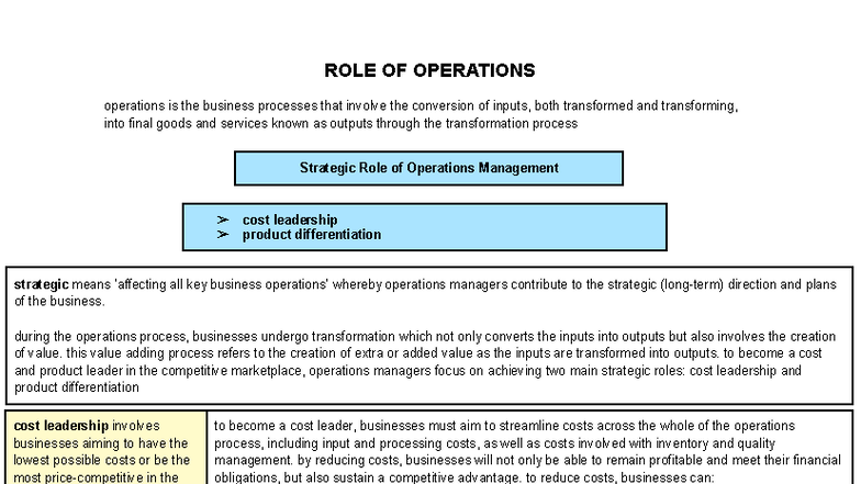 HSC Business - operations - ROLE OF OPERATIONS operations is the business processes that involve ...
