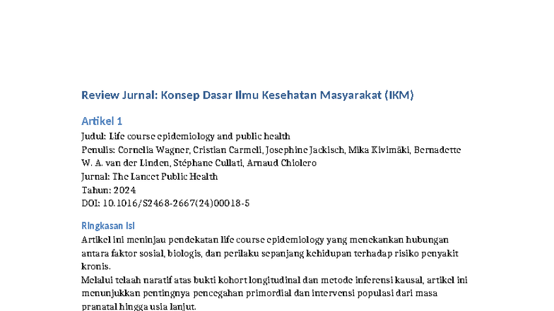 Review Jurnal IKM: Life Course Epidemiology & Social Determinants - Studocu