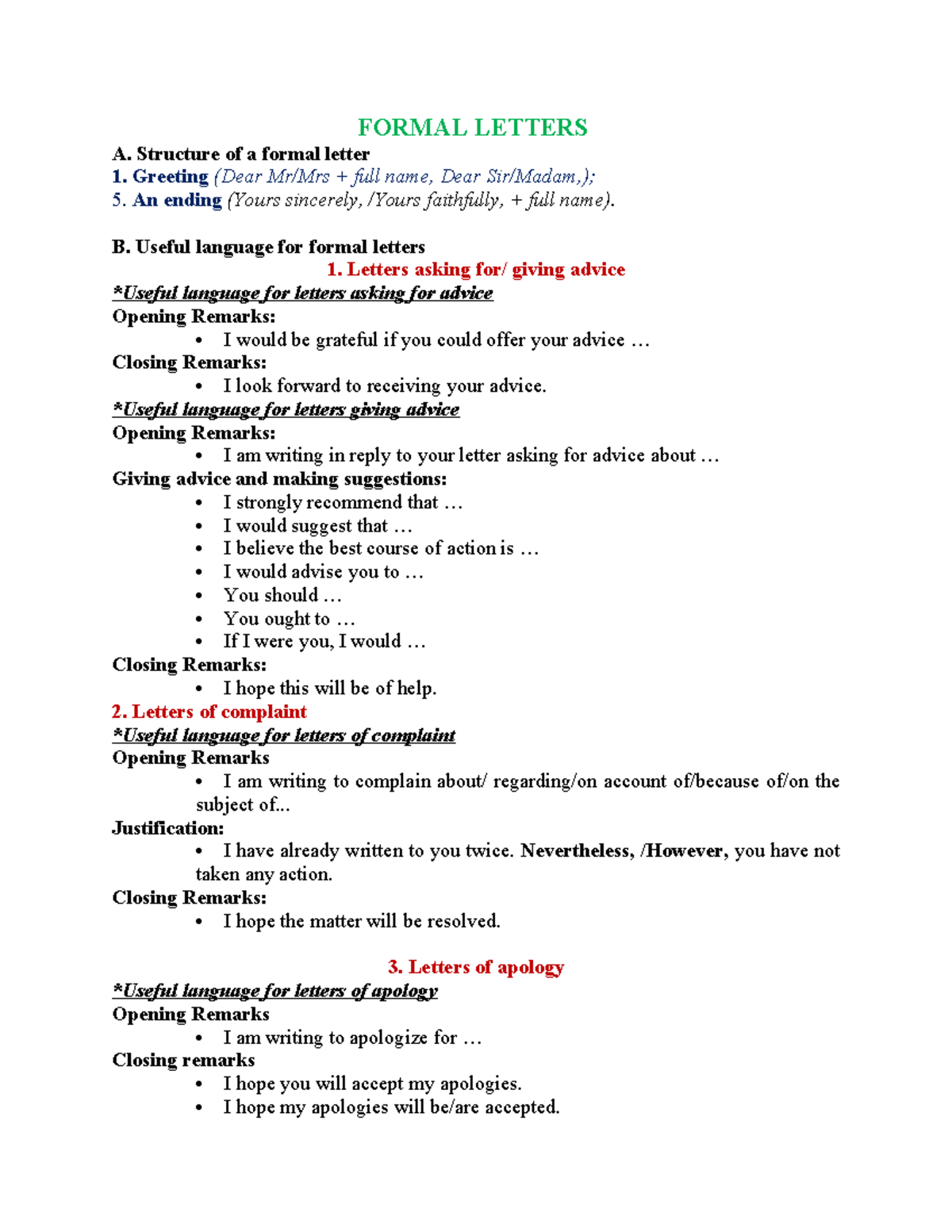 Formal Letters - FORMAL LETTERS A. Structure of a formal letter 1 ...