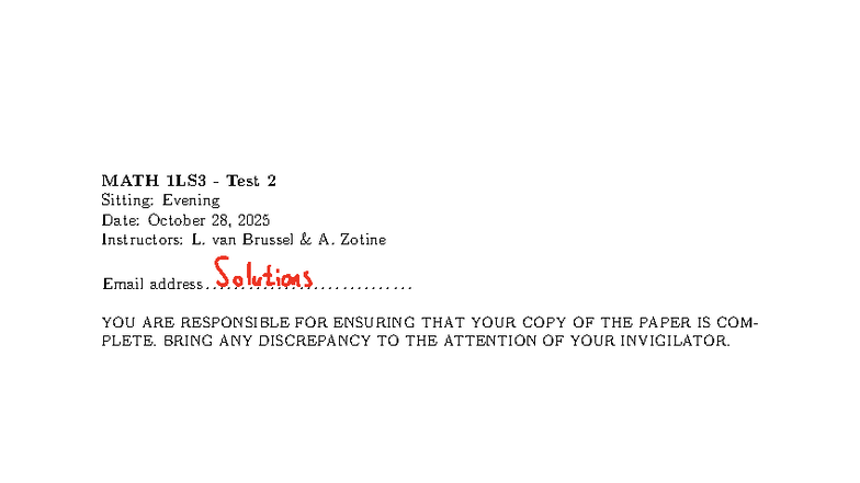 MATH 1LS3 Test 2 Solutions - Evening Sitting, Oct 28, 2025 - Studocu