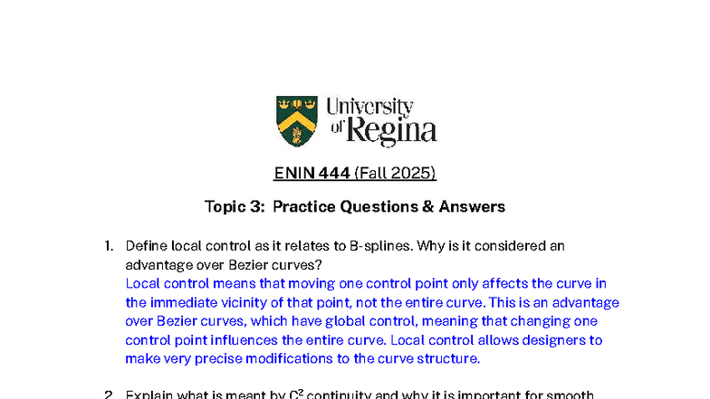 ENIN (Fall 2025) Topic 3: Local Control & C² Continuity Explained - Studocu