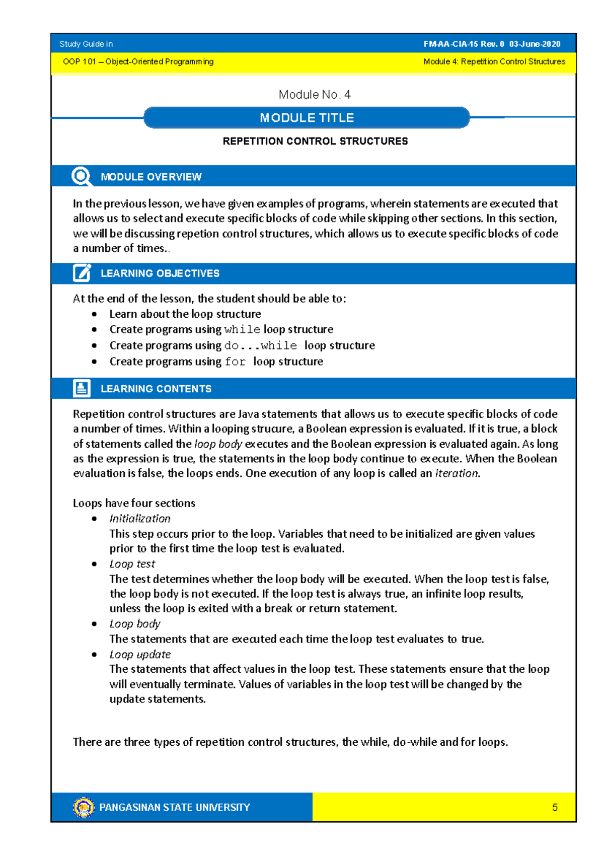 OOP 101 Study Guide: Module 4 - Repetition Control Structures - Studocu