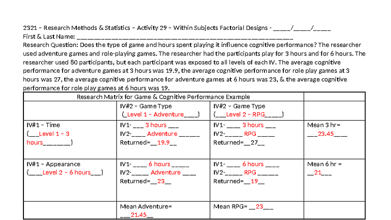Research Methods & Statistics (2321) - Within Subjects Factorial Design ...