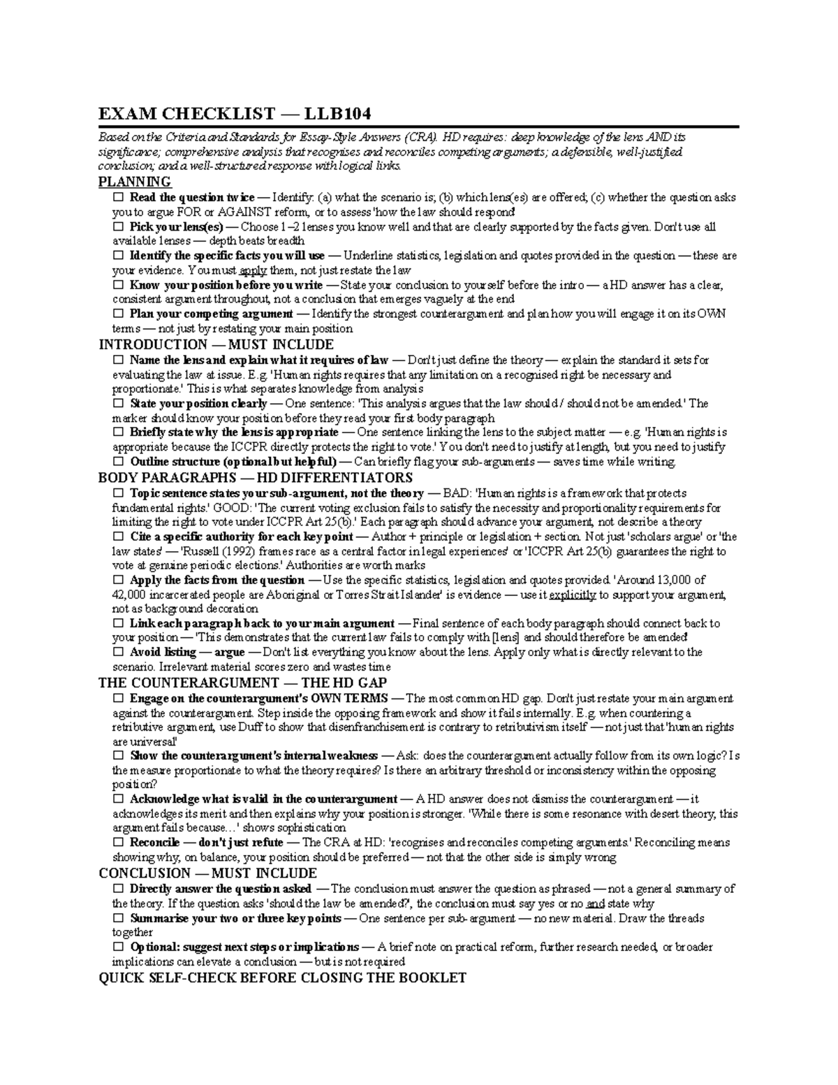 LLB104 Exam Preparation Notes: Criteria for High Distinction Responses ...
