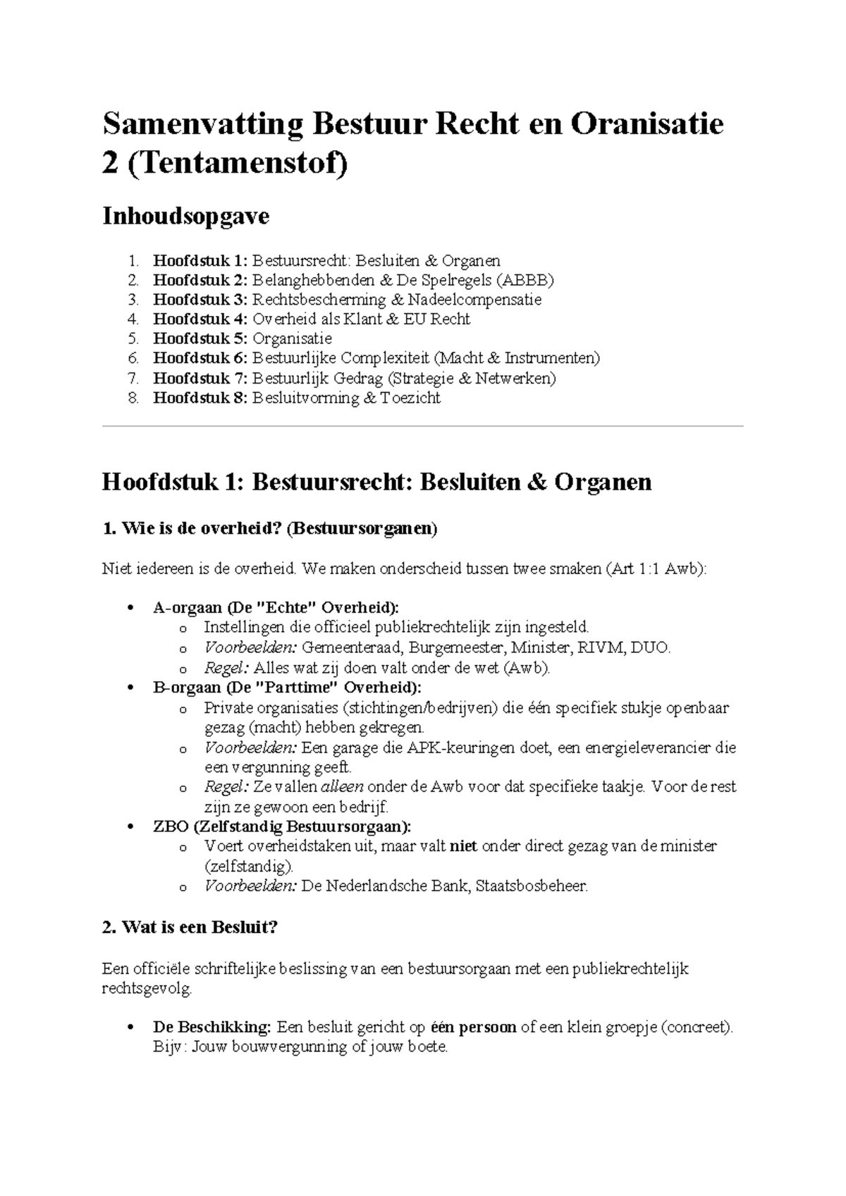 Samenvatting Tentamenstof Bestuur Recht en Organisatie 2 - Studeersnel