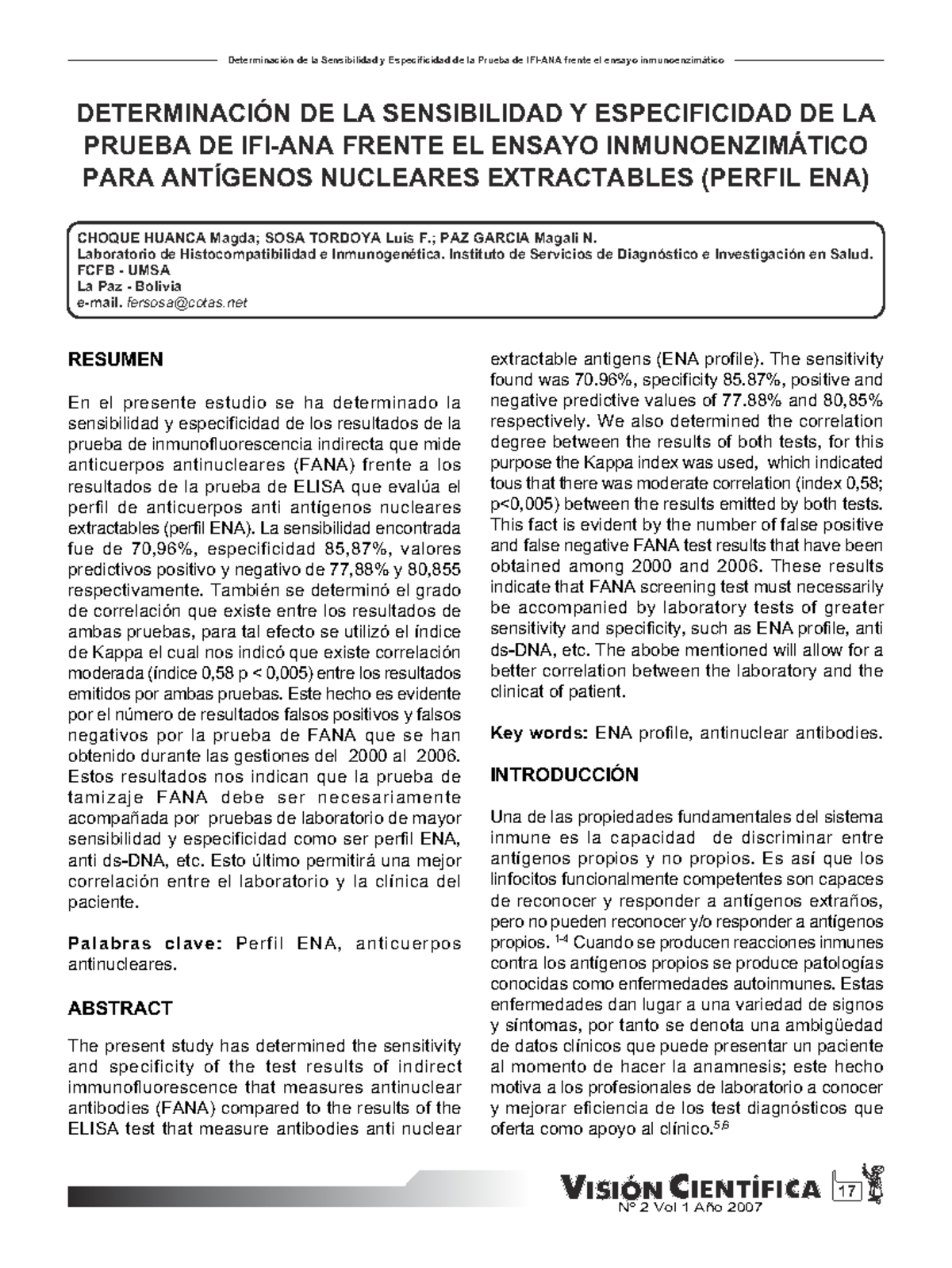Estudio sobre Sensibilidad y Especificidad de Prueba FANA vs Perfil ENA ...
