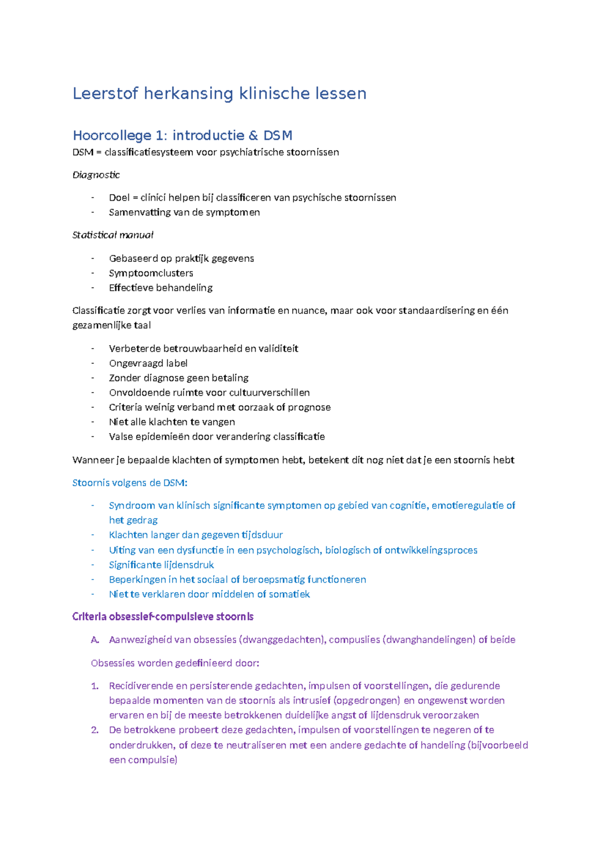 Herkansing Klinische Lessen: DSM Inzichten en Classificatie Criteria ...
