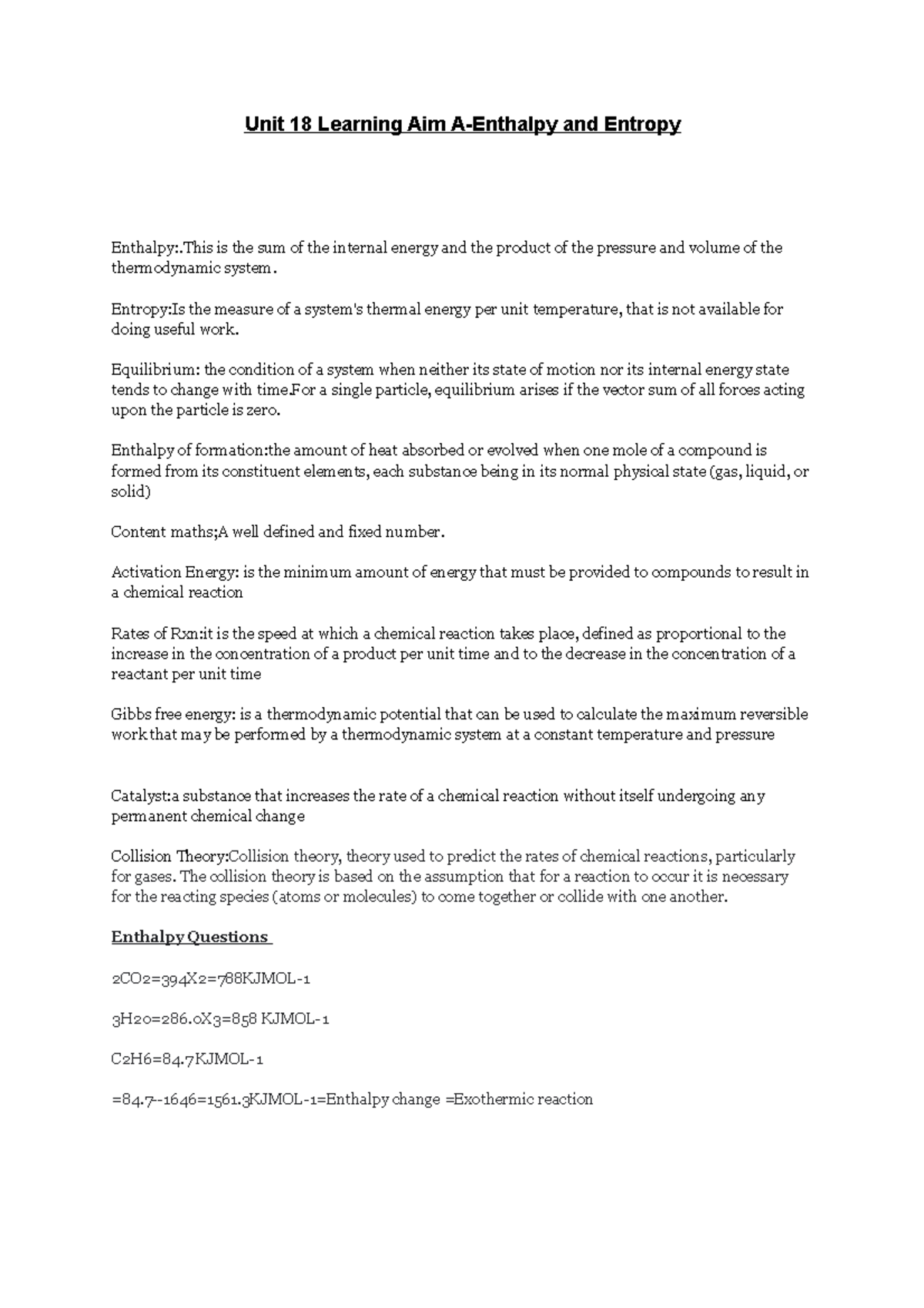 Unit 18A - Enthalpy, Entropy, and Thermodynamics Summary - Studocu