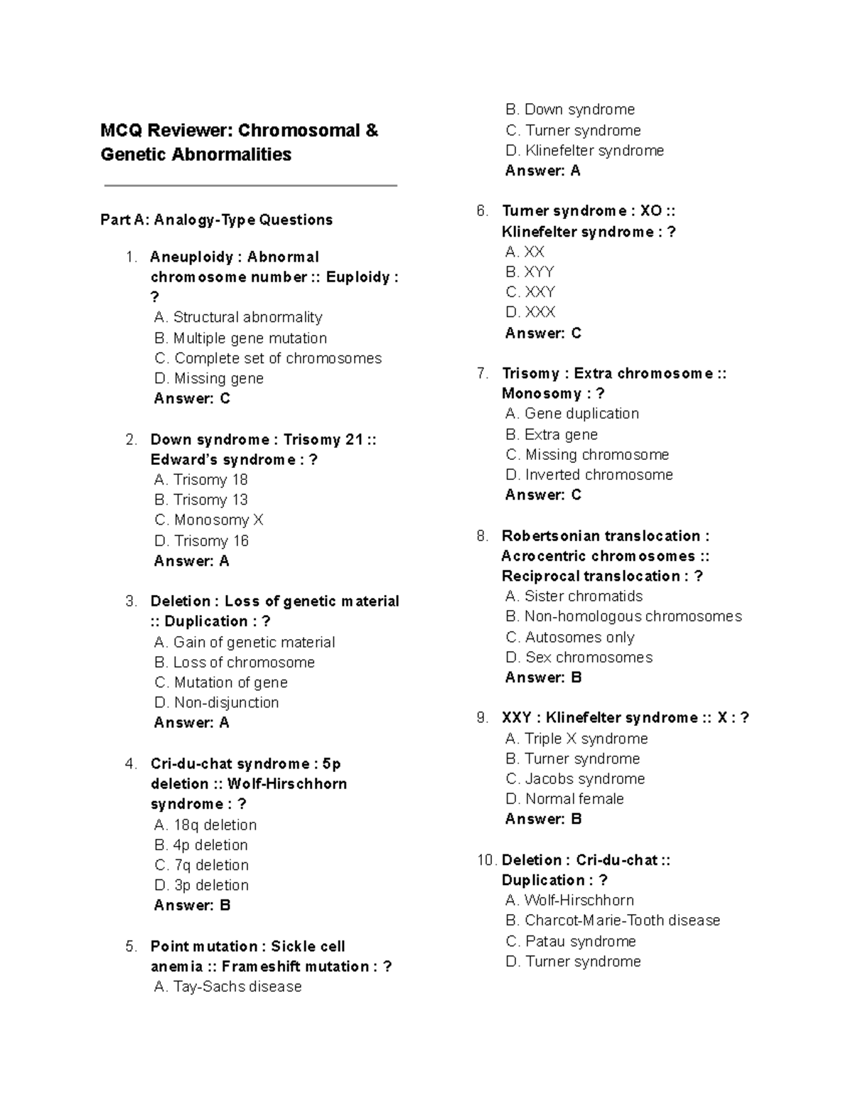 MCQ Reviewer: Chromosomal Genetic Abnormalities - Biosci Quiz - Studocu