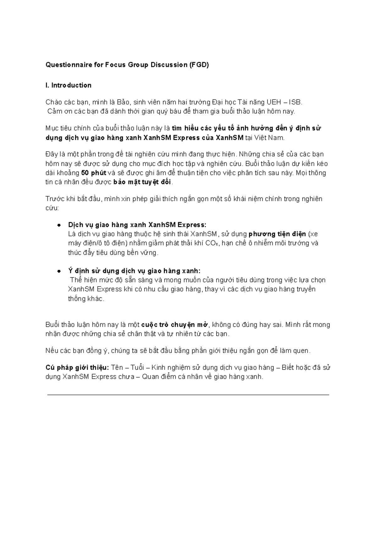 G5 - Questionnaire for FGD on Green Delivery Service XanhSM - Studocu